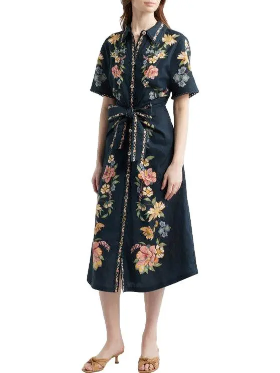 Farm Rio Maira Floral Belted Shirtdress - Maira Floral Dark Blue