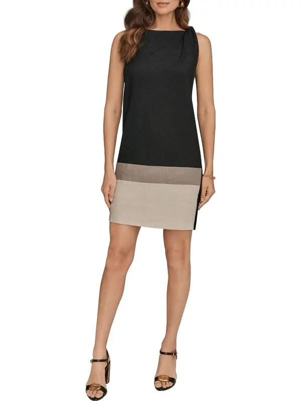 DONNA KARAN WEEKEND Linen-blend Color-block Shift Dress - Black-driftwood-vellum