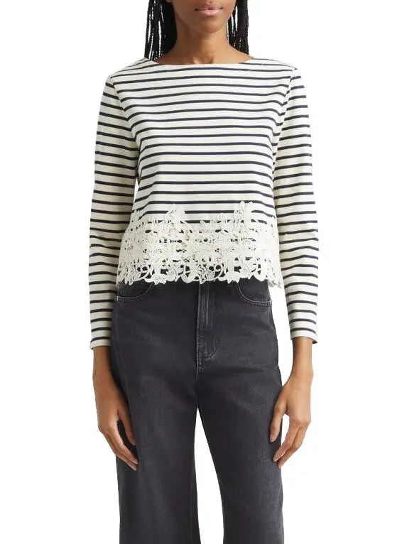 Veronica Beard Hovey Stripe Lace Cotton Top - Dove Navy Stripe