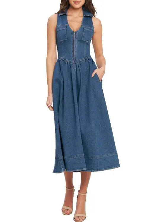 FLYING TOMATO Sleeveless Denim Midi Fit & Flare Dress - Medium Indigo
