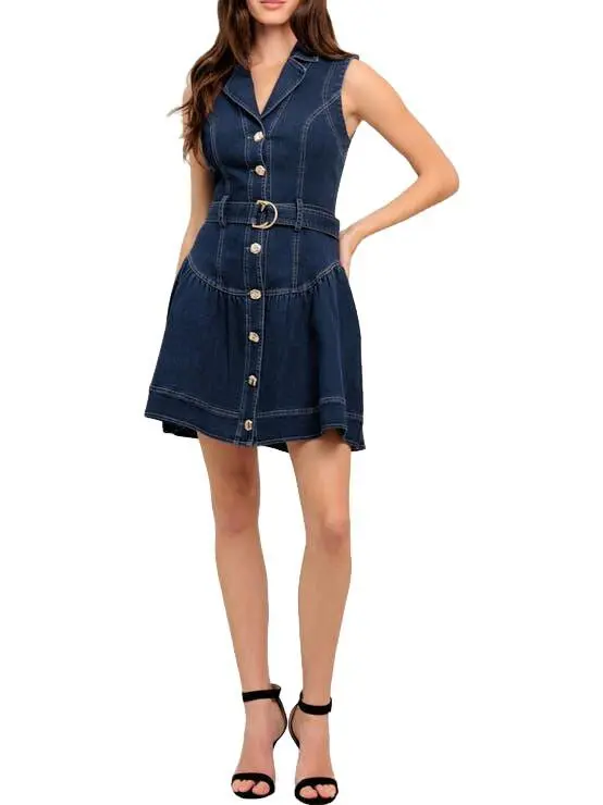 FLYING TOMATO Belted Sleeveless Denim Mini Dress - Medium Indigo