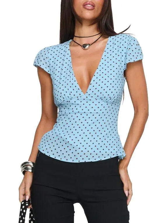 Princess Polly Dalanna Cap-sleeve Tie-back Top - Blue Polka