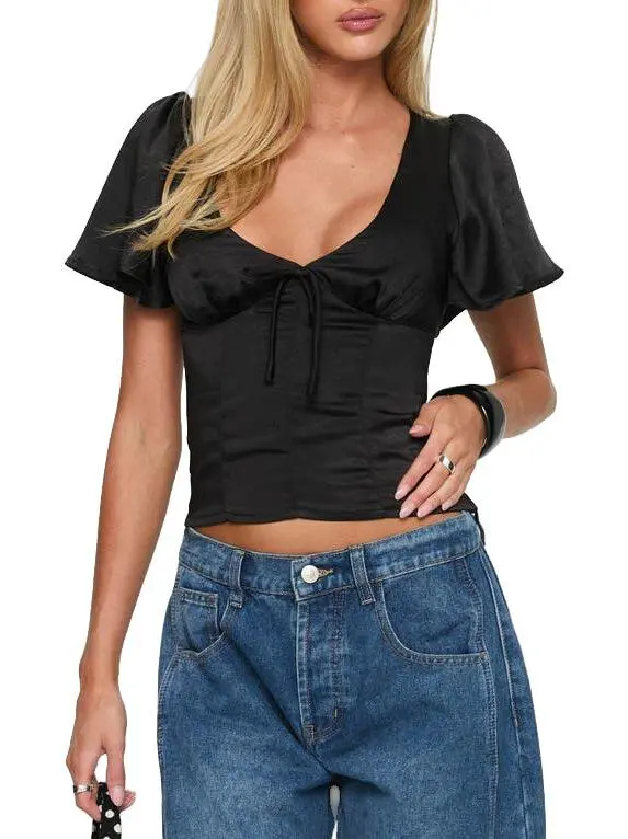 Princess Polly Satin Crop Top With Tie Detail - Black