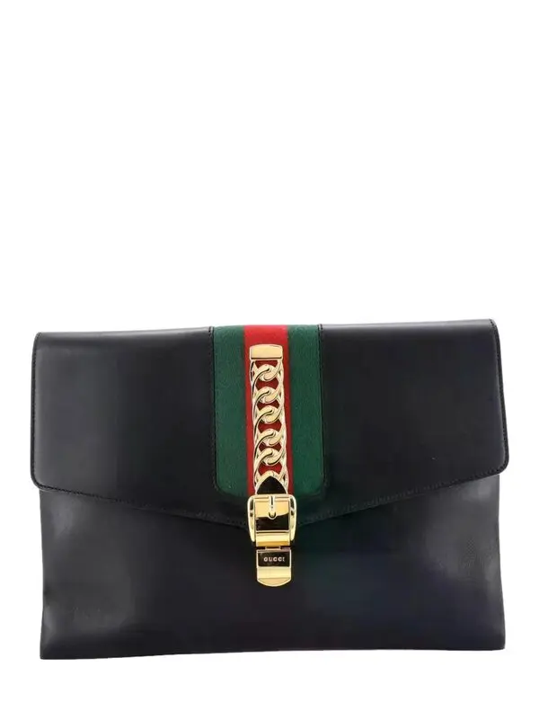 Gucci Sylvie Leather Maxi Clutch Bag - Black