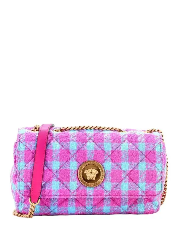 Versace Medusa Icon Chain Flap Bag Quilted Tweed East West - Pink
