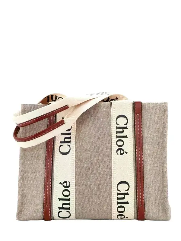 Chloé Woody Canvas And Leather Medium Tote Bag - Neutrals
