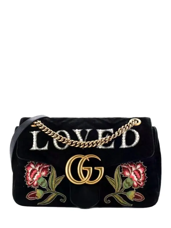 Gucci Gg Marmont Embroidered Velvet Shoulder Bag - Black