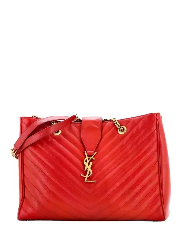 Saint Laurent Classic Monogram Shopper Matelasse Chevron Leather Large Tote Bag - Red