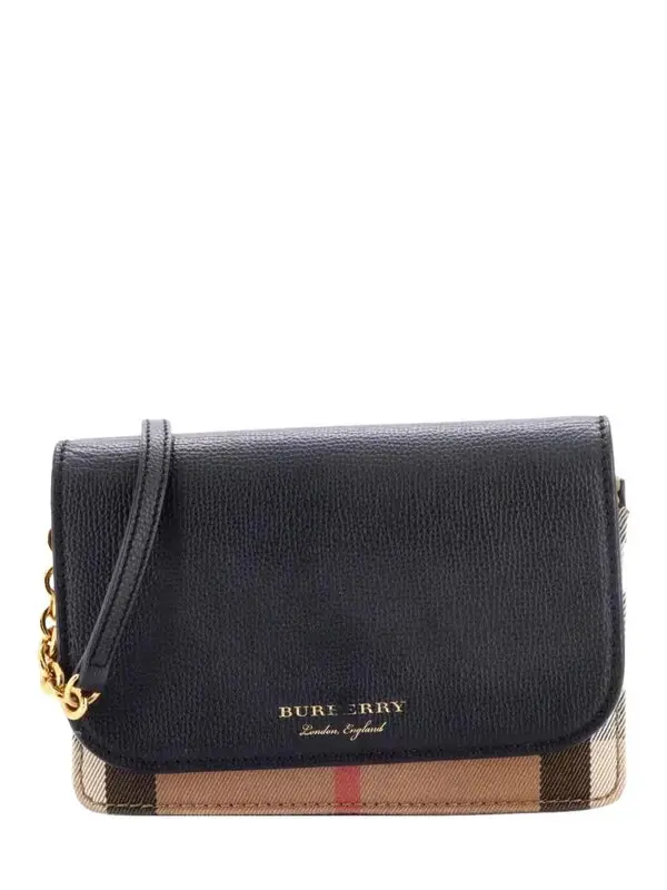 Burberry Hampshire Wallet On Chain Leather And House Check Canvas Crossbody Bag - Black