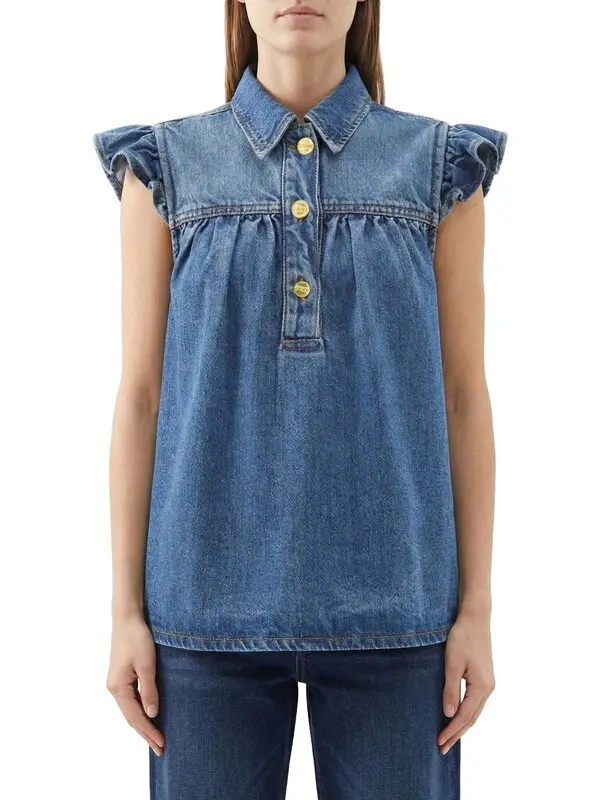 GANNI Sleeveless Denim Top With Ruffles - Blue