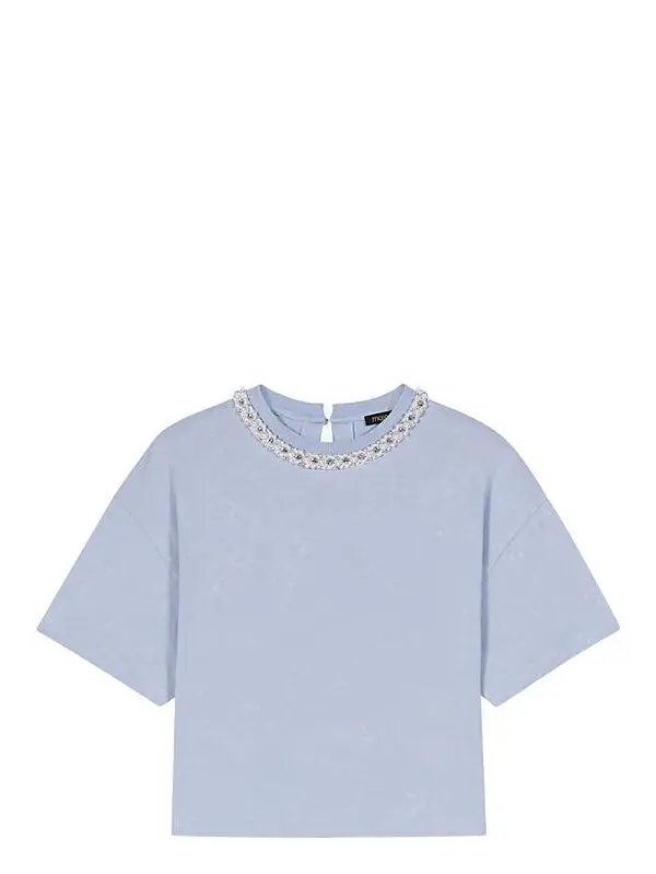 Maje Embellished Cotton-jersey T-shirt - Blue Sky