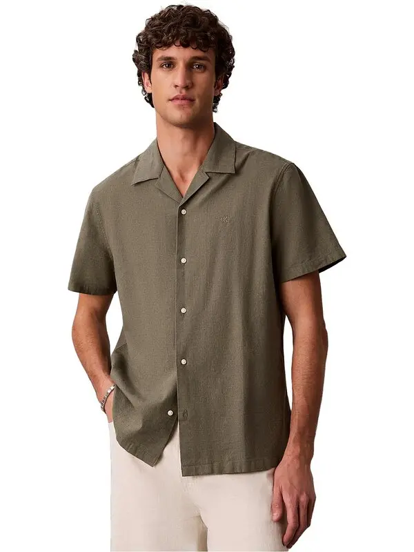 Calvin Klein Linen Cotton Short Sleeve Button-down Shirt - Dusty Olive