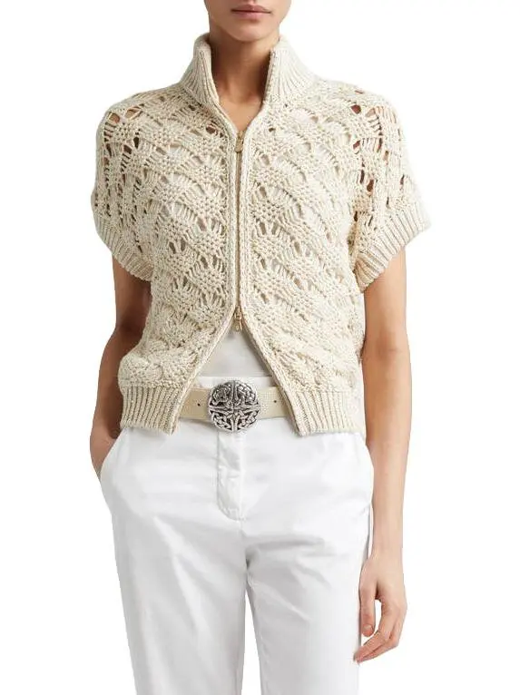 Eleventy Sequin Crochet Short Sleeve Cardigan - Ivory