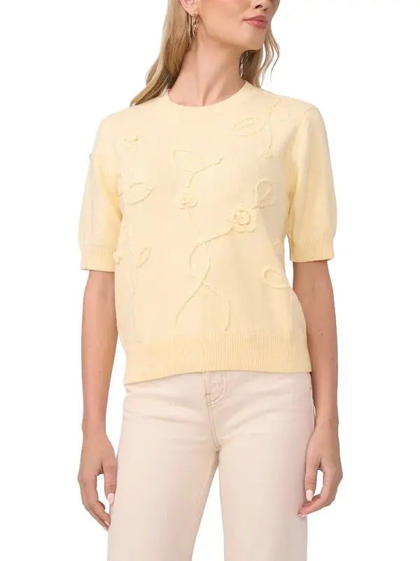Vince Camuto Floral Appliqué Cotton-blend Sweater - Light Lemon