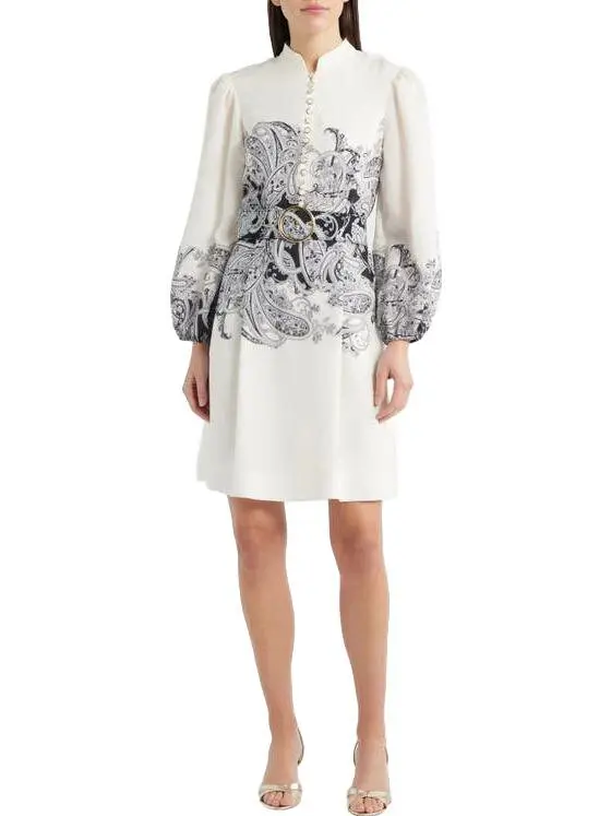 TAHARI ASL Border Print Belted Long Sleeve Dress - Ivory Fern