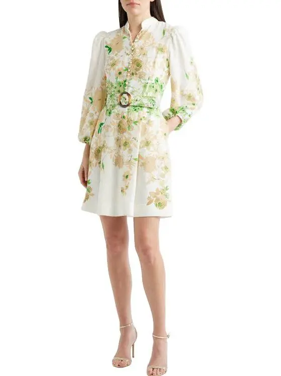 TAHARI ASL Border Print Belted Long Sleeve Dress - Ivory Fern