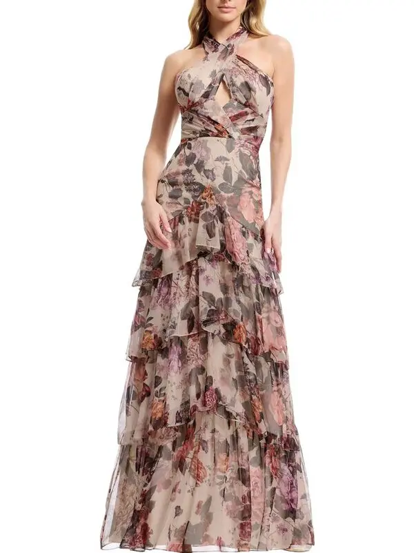 Dress The Population Cutout Halter Evening Gown - Champagne Multi