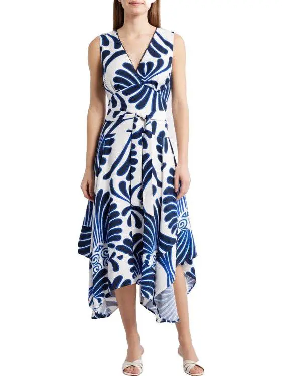 Sam Edelman Abstract Floral Handkerchief Hem Midi Dress - Navy/white