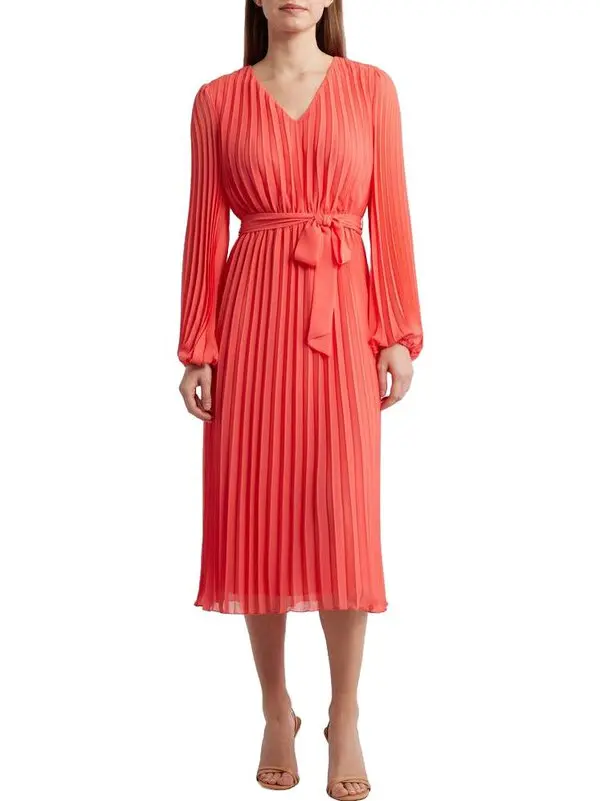 Sam Edelman Pleated Long Sleeve Dress - Coral