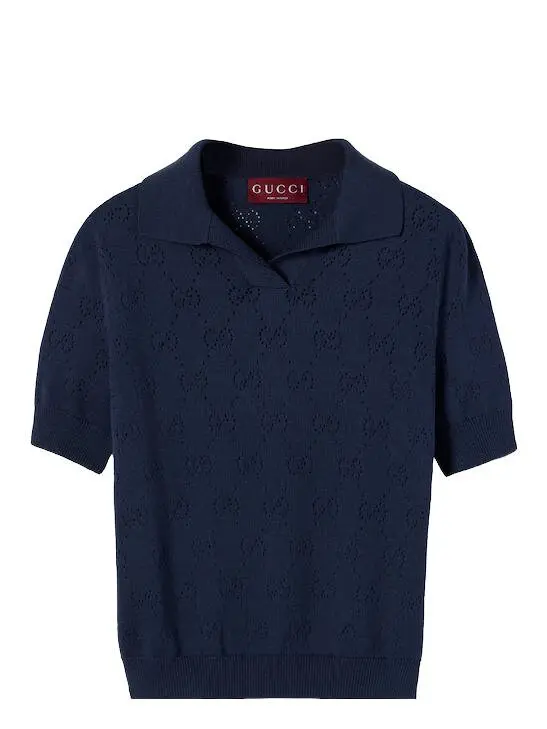 Gucci Gg Pointelle Cotton Silk Polo Shirt - Blue