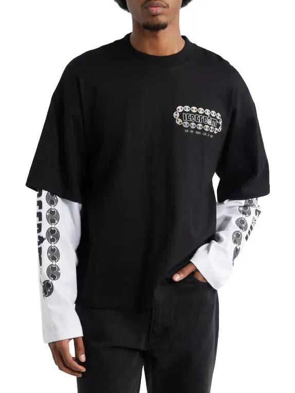 ICECREAM Jupiter Layered Long Sleeve Cotton Graphic T-shirt - Black