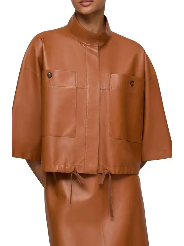 Lafayette 148 New York Oversized Cropped Leather Shirt Jacket - Copper