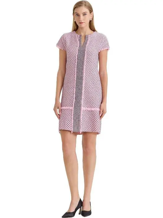 Ming Wang Shell Stitch Fringe Accent Knit Sheath Dress - Perfect Pink/black