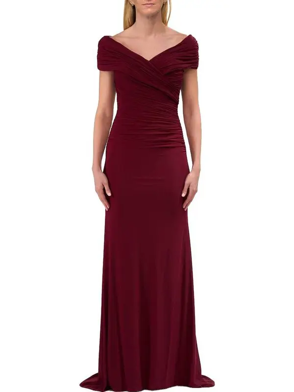 La Femme Off-the-shoulder Ruched Evening Dress - Dark Berry