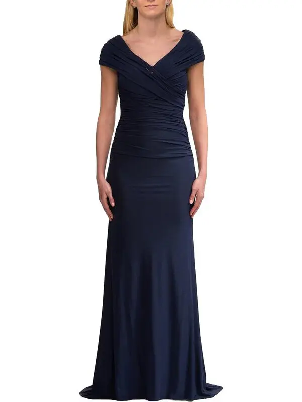 La Femme Off-the-shoulder Ruched Evening Dress - Navy