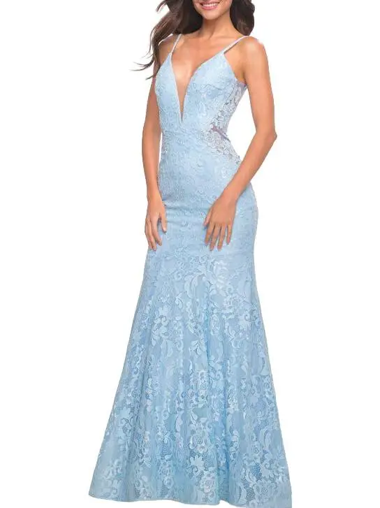 La Femme Long Mermaid Lace Dress - Cloud Blue
