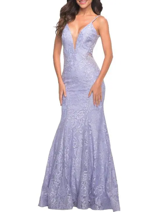 La Femme Long Mermaid Lace Dress - Light Periwinkle