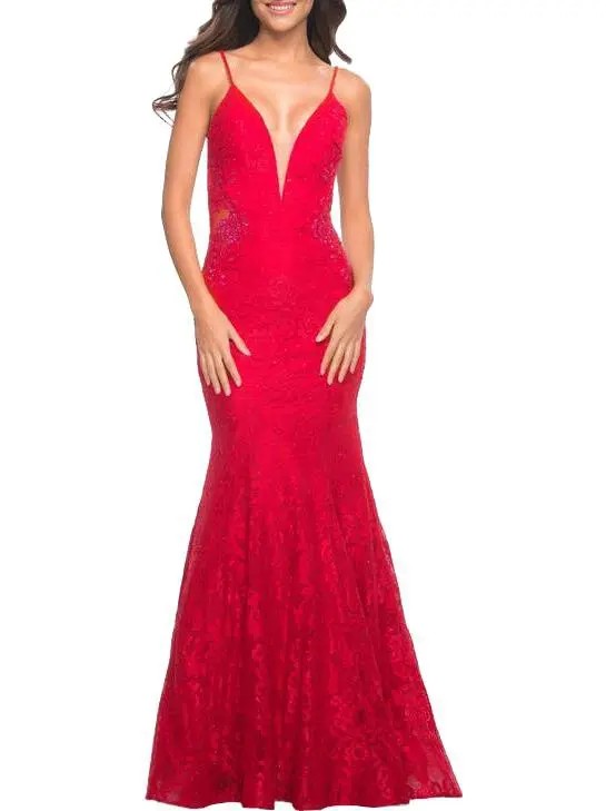 La Femme Long Mermaid Lace Dress - Red
