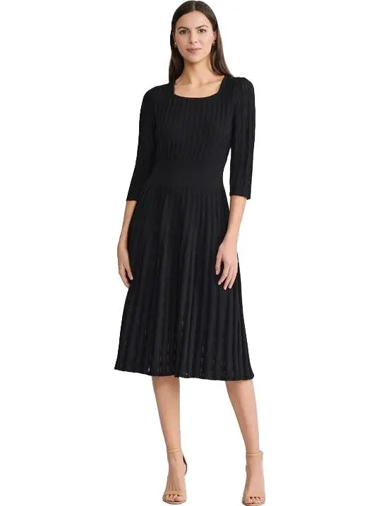 Ming Wang Linear Pointelle Knit Fit-n-flare Midi Dress - Black
