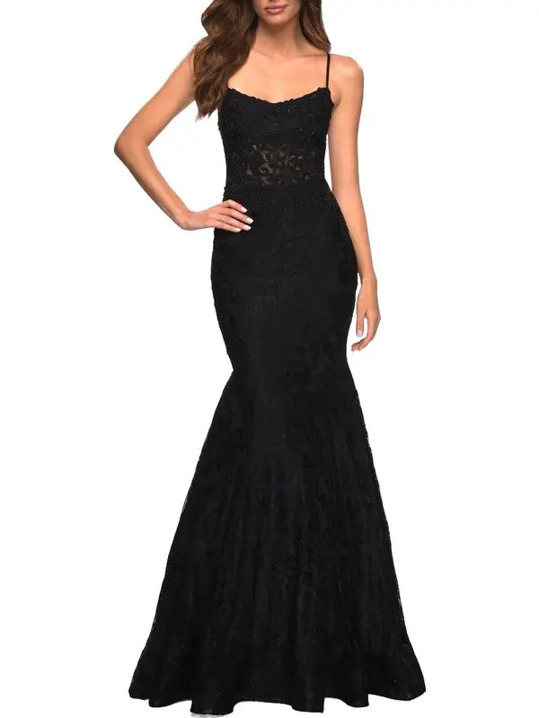 La Femme Lace Mermaid Gown With Open Back - Black