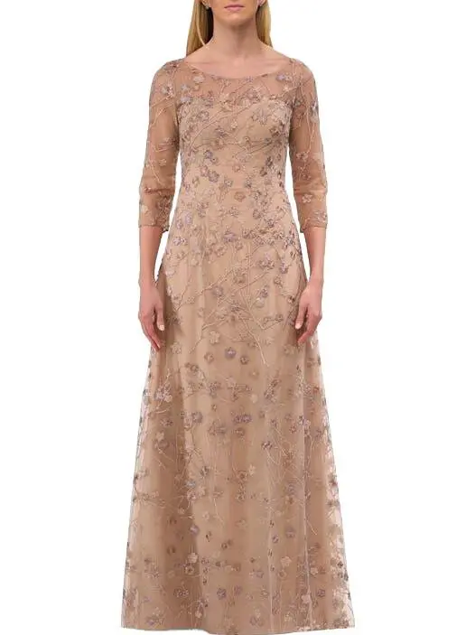 La Femme Floral Gown With Illusion Neckline - Cocoa