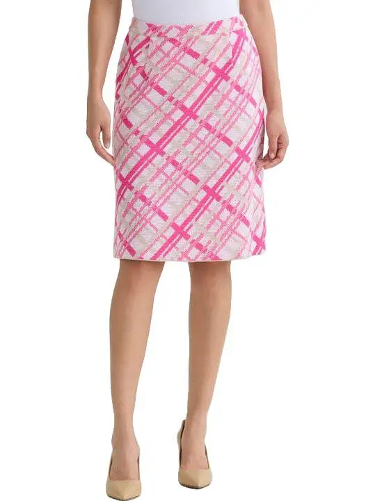 Ming Wang Plaid Knit Straight Skirt - Carmine Rose/pink