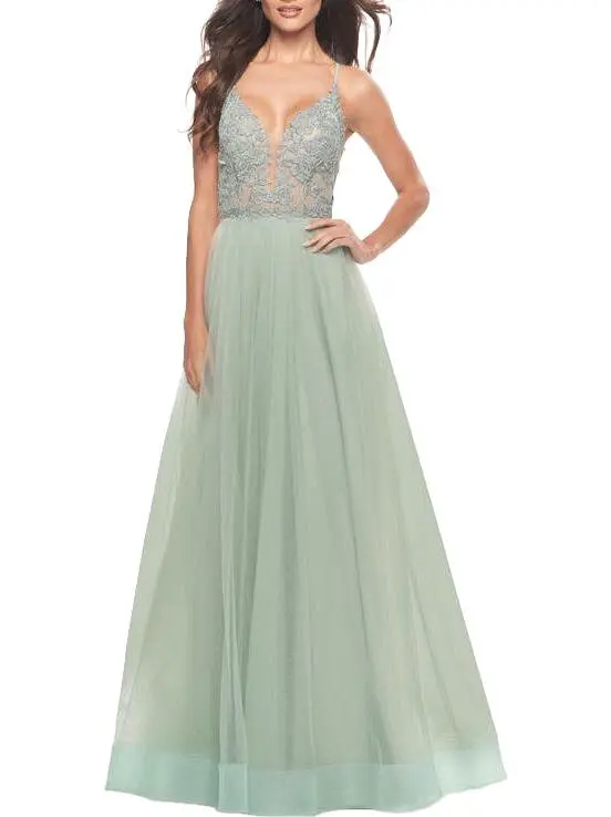 LABOMME Tulle Gown With Lace Bodice - Sage