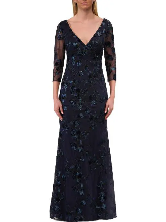La Femme Sequin Lace Empire Waist Gown - Navy
