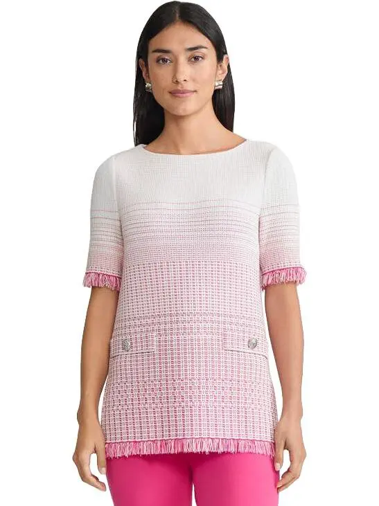 Ming Wang Jacquard Knit Tunic With Fringe Trim - Carmine Rose/limestone