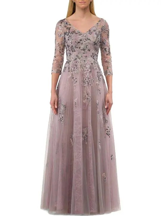 LABOMME Lace Applique Tulle A-line Gown With Illusion Sleeves - Silver/mauve