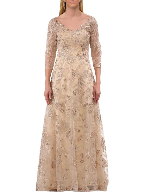 LABOMME Lace Floral Gown With V-neck - Champagne