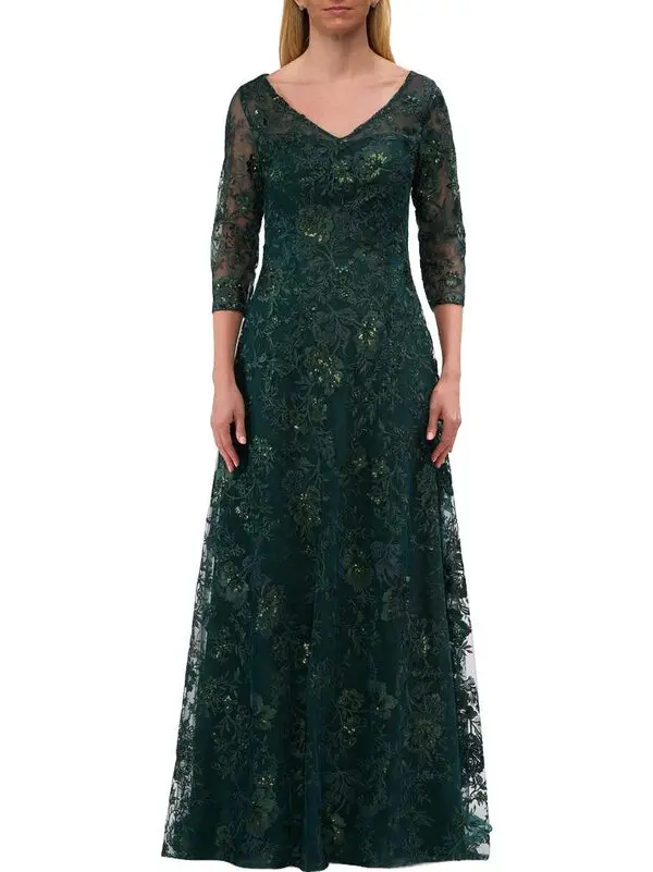 LABOMME Lace Floral Gown With V-neck - Dark Emerald