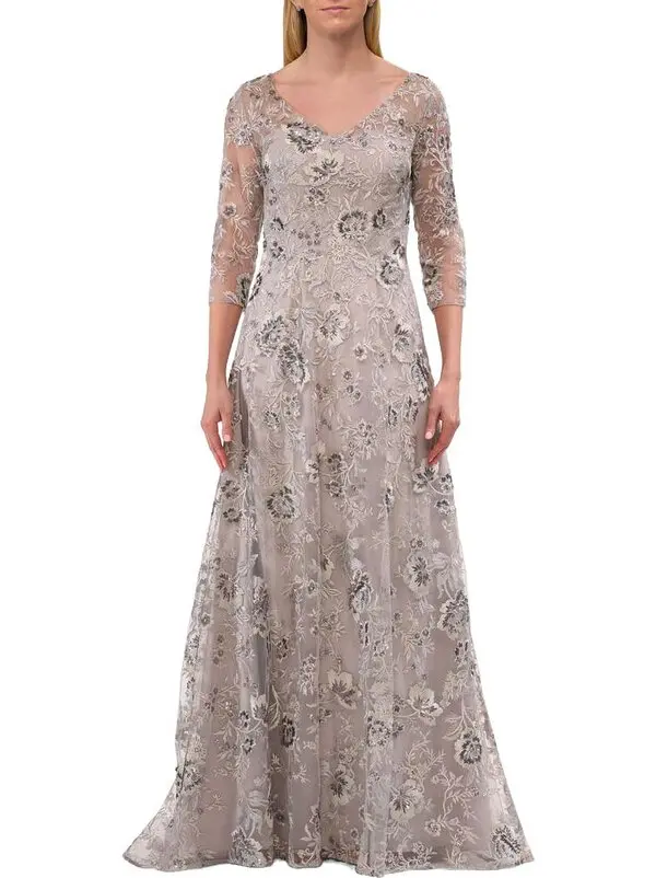 La Femme Lace Floral Gown With V-neck - Silver