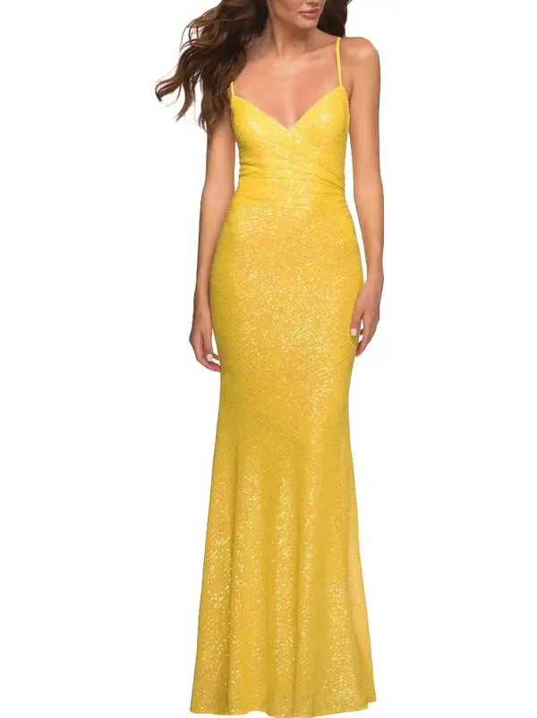 LABOMME Sequin Strappy Back Prom Gown - Yellow