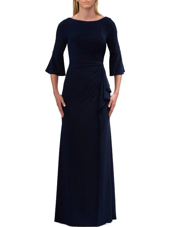 La Femme Evening Dress With Bell Sleeves - Navy