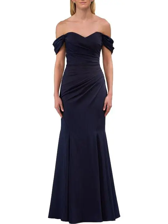 La Femme Off-the-shoulder Gown With Side Pleating - Navy