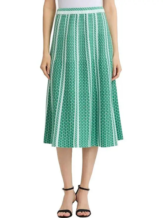 Ming Wang Soft Knit Midi Skirt With Roadmap Pattern - Kelly Green/eucalyptus/ivory