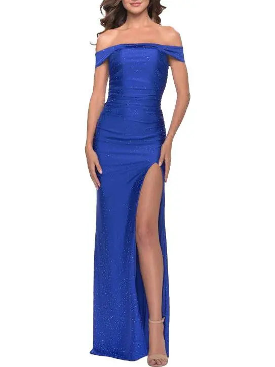 LABOMME Rhinestone Off-the-shoulder Gown With Lace-up Back - Royal Blue