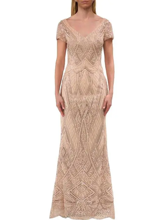 LABOMME Art Deco Beaded Gown - Champagne