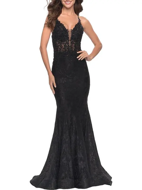 LABOMME Lace Mermaid Gown With Beaded Bodice - Black